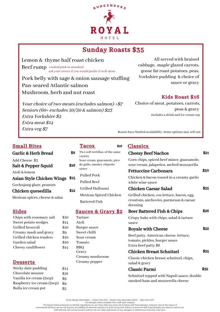 Menus - Bungendore Royal Hotel